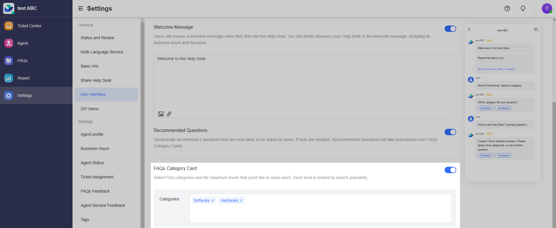 Configure help options for a help desk user interface