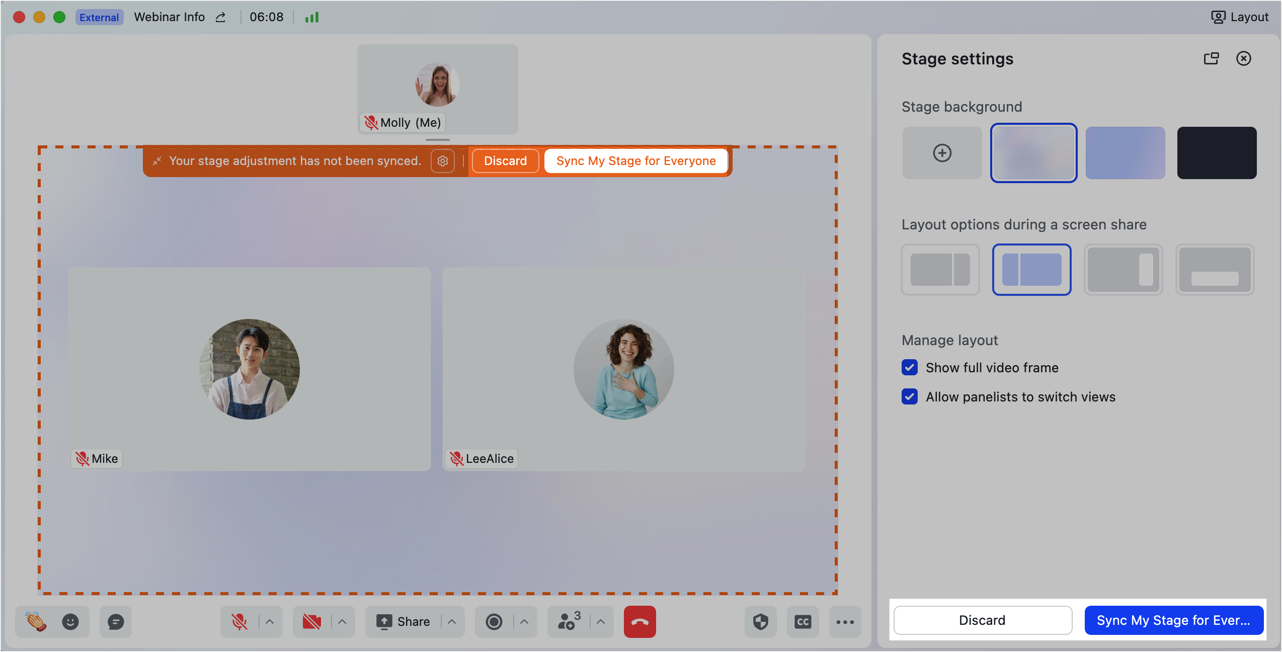 Use stage mode in a webinar