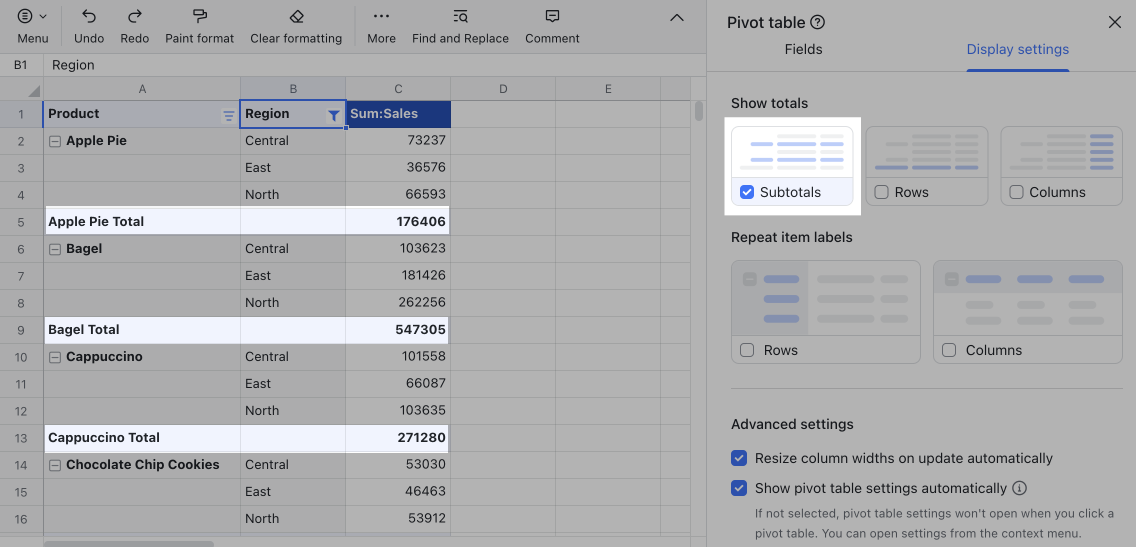Change the display settings of pivot tables