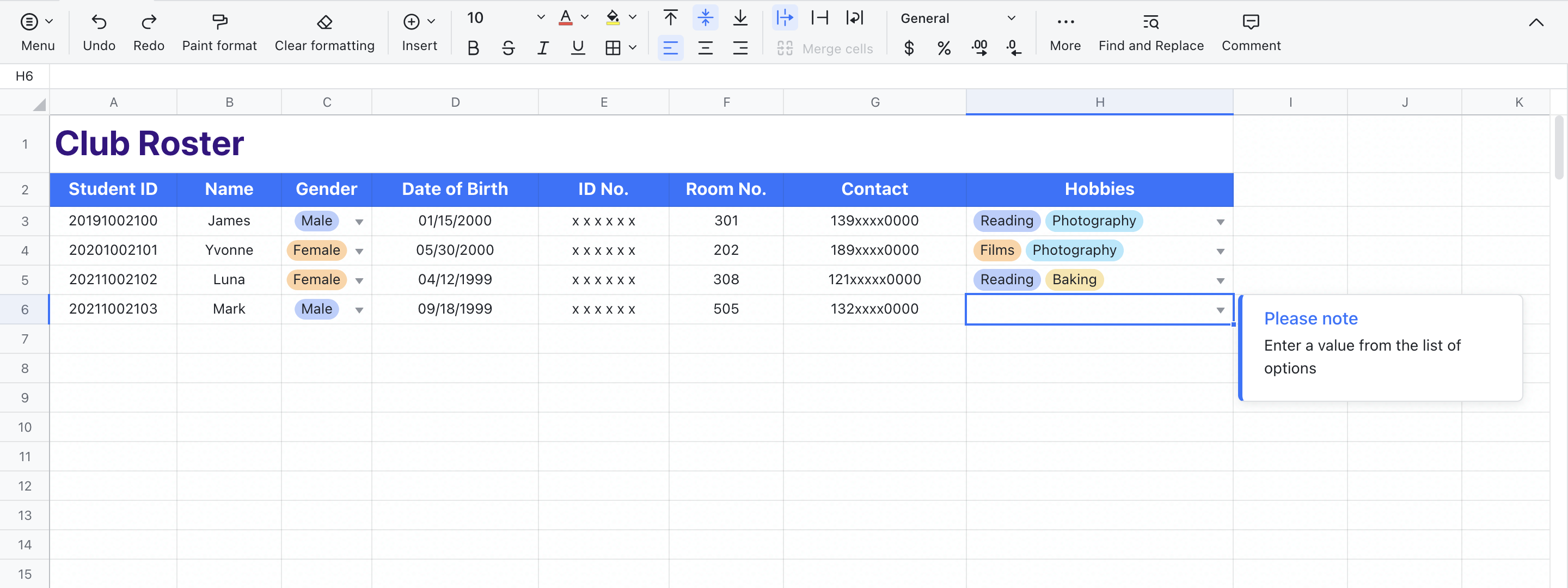 Use dropdown lists in Sheets