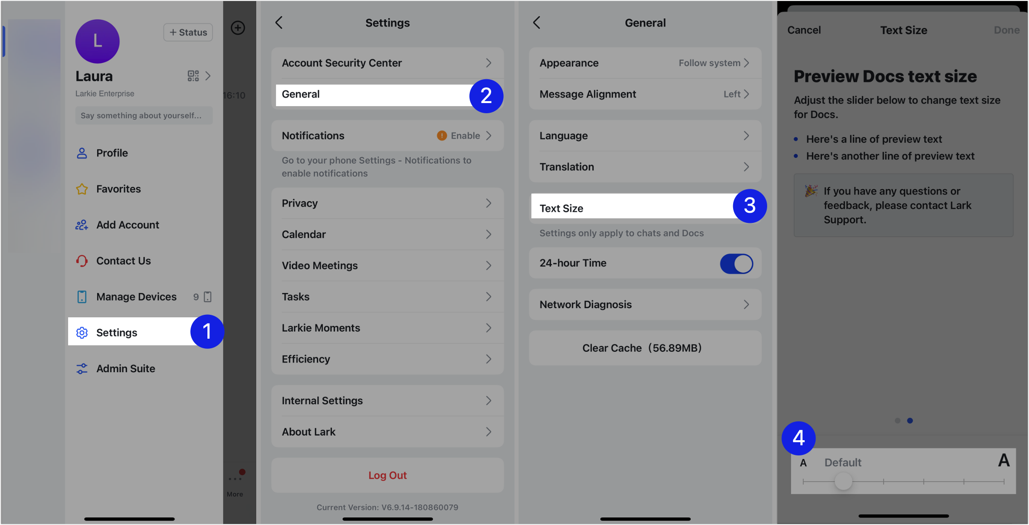 Adjust the text size in the Lark mobile app