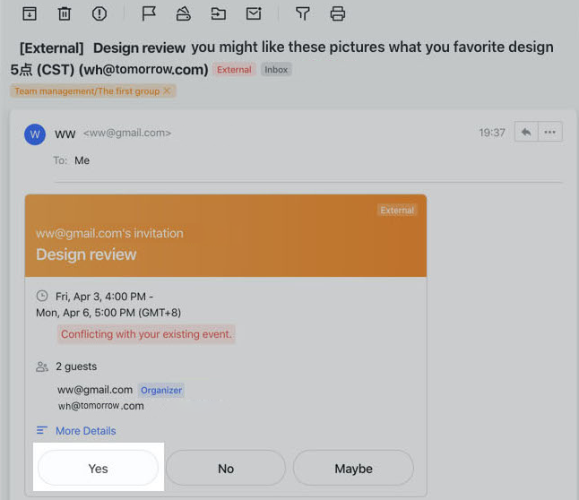 Manage event invitations from external calendars