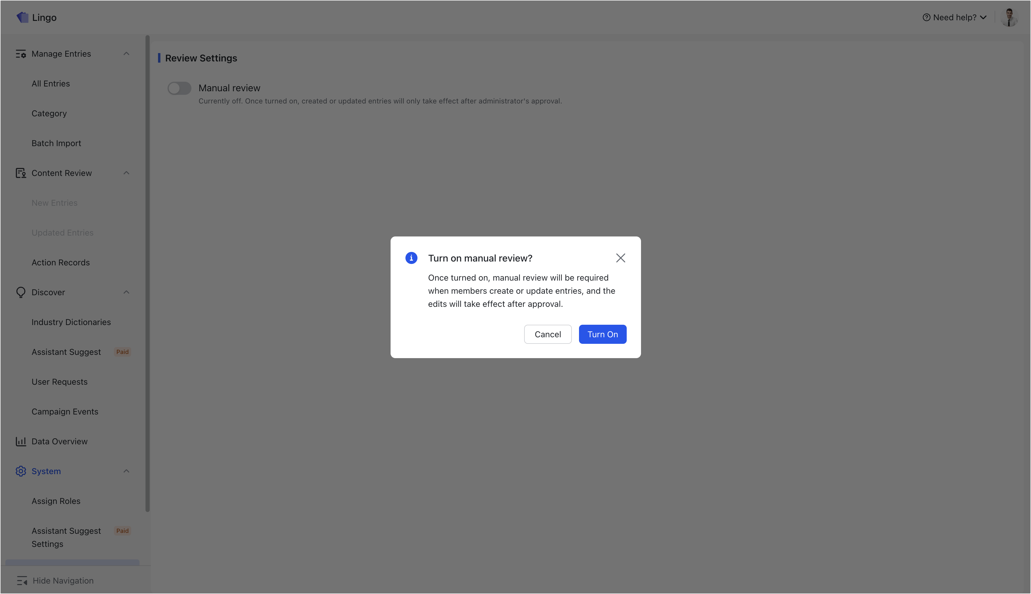 Set the review mode for Lingo entries