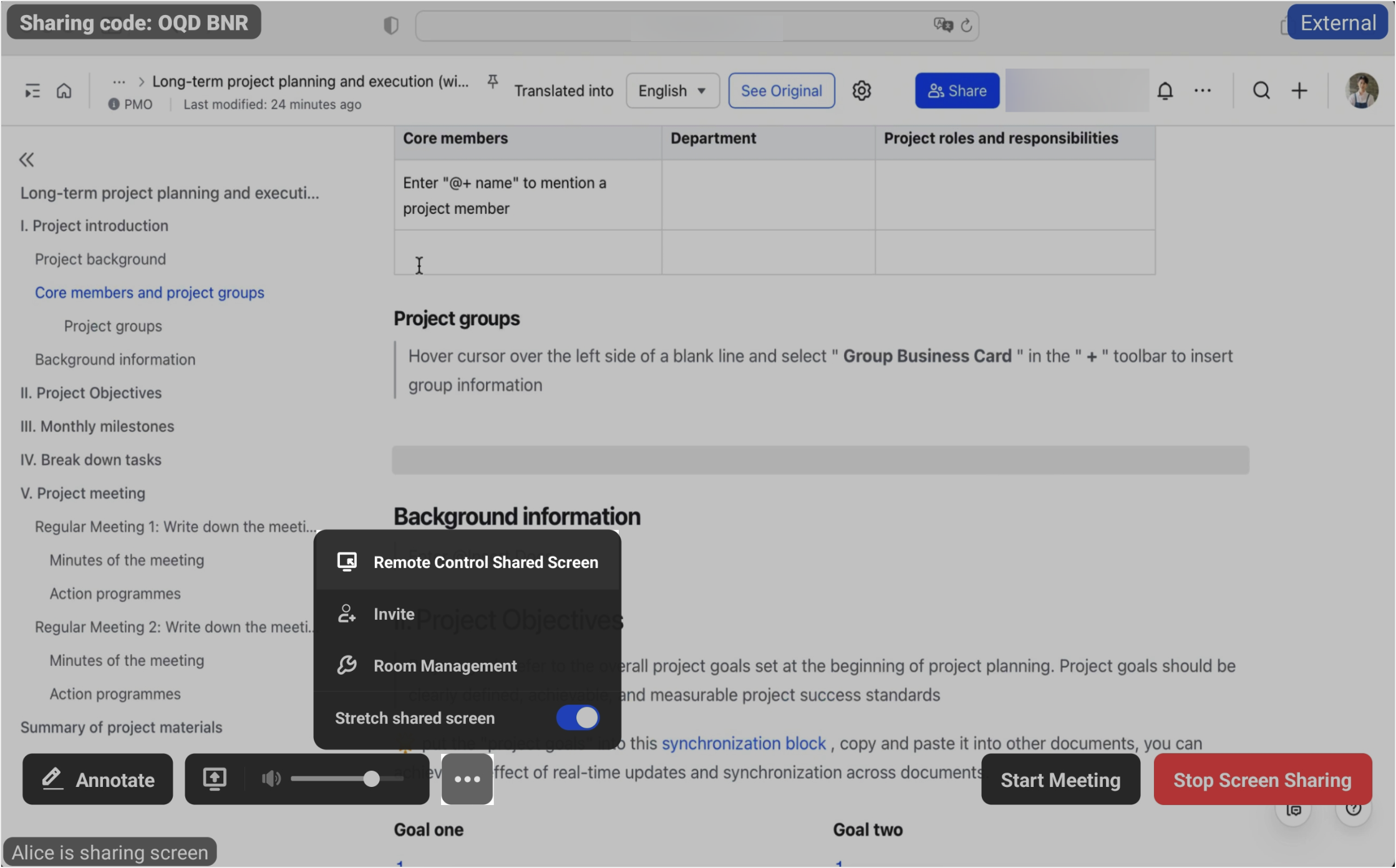 Remotely control shared content on Lark Rooms touchscreen