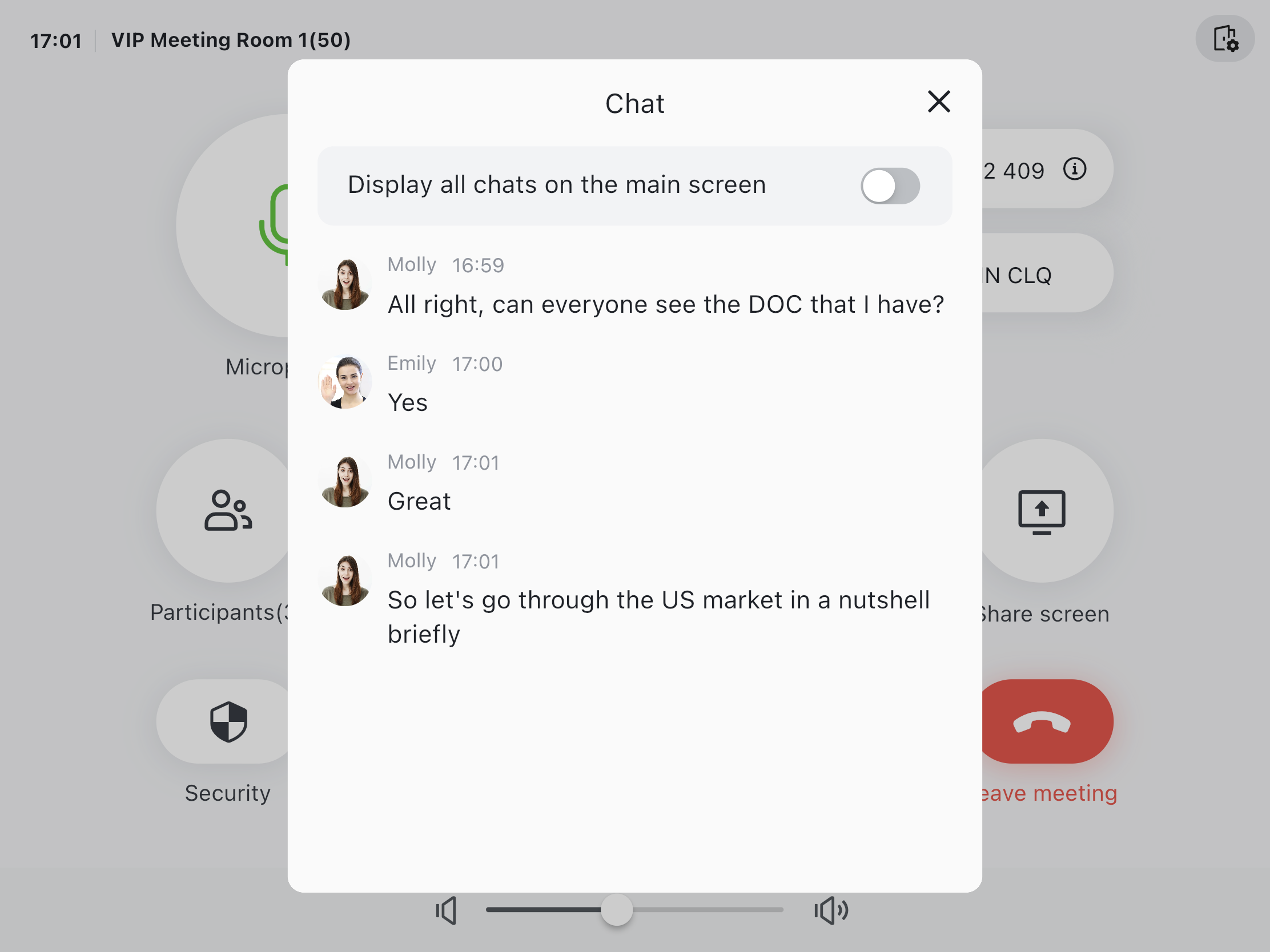 Open a chat window during a meeting
