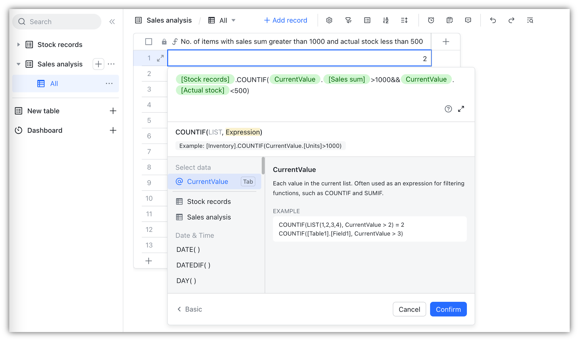 Base で Countif 関数を使用する 9031