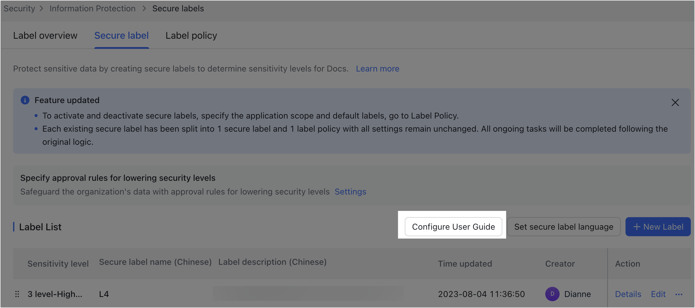 Admin | Create secure labels and label policies
