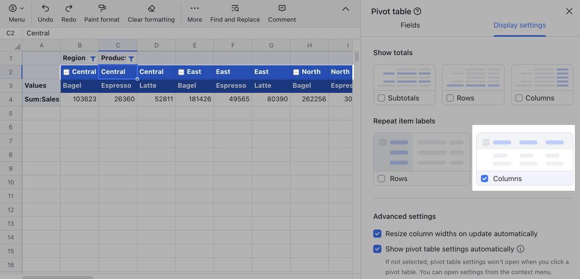 Change the display settings of pivot tables