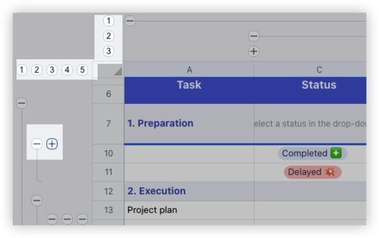 Group rows and columns in Sheets