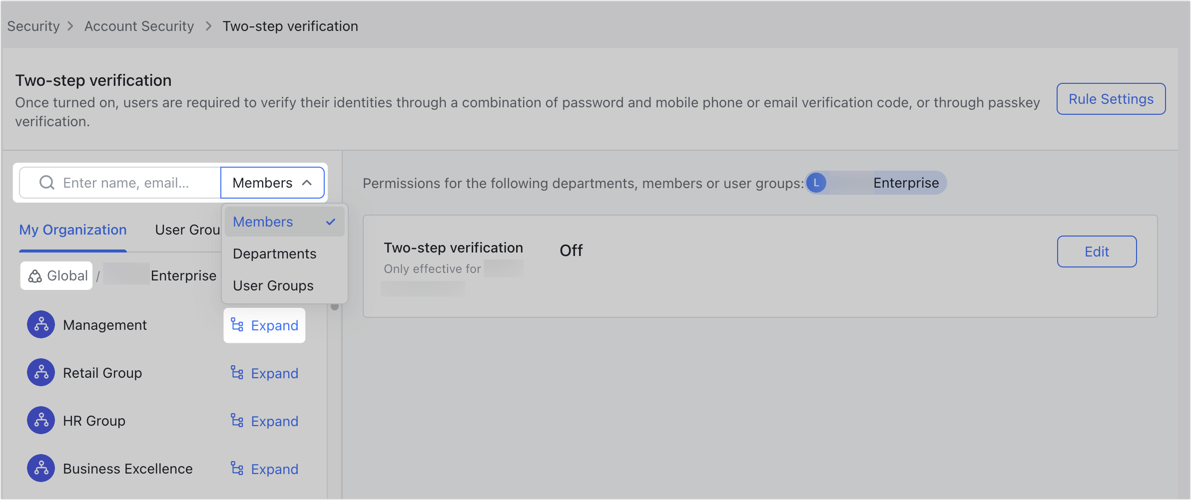Admin | Enable two-step verification for organization members