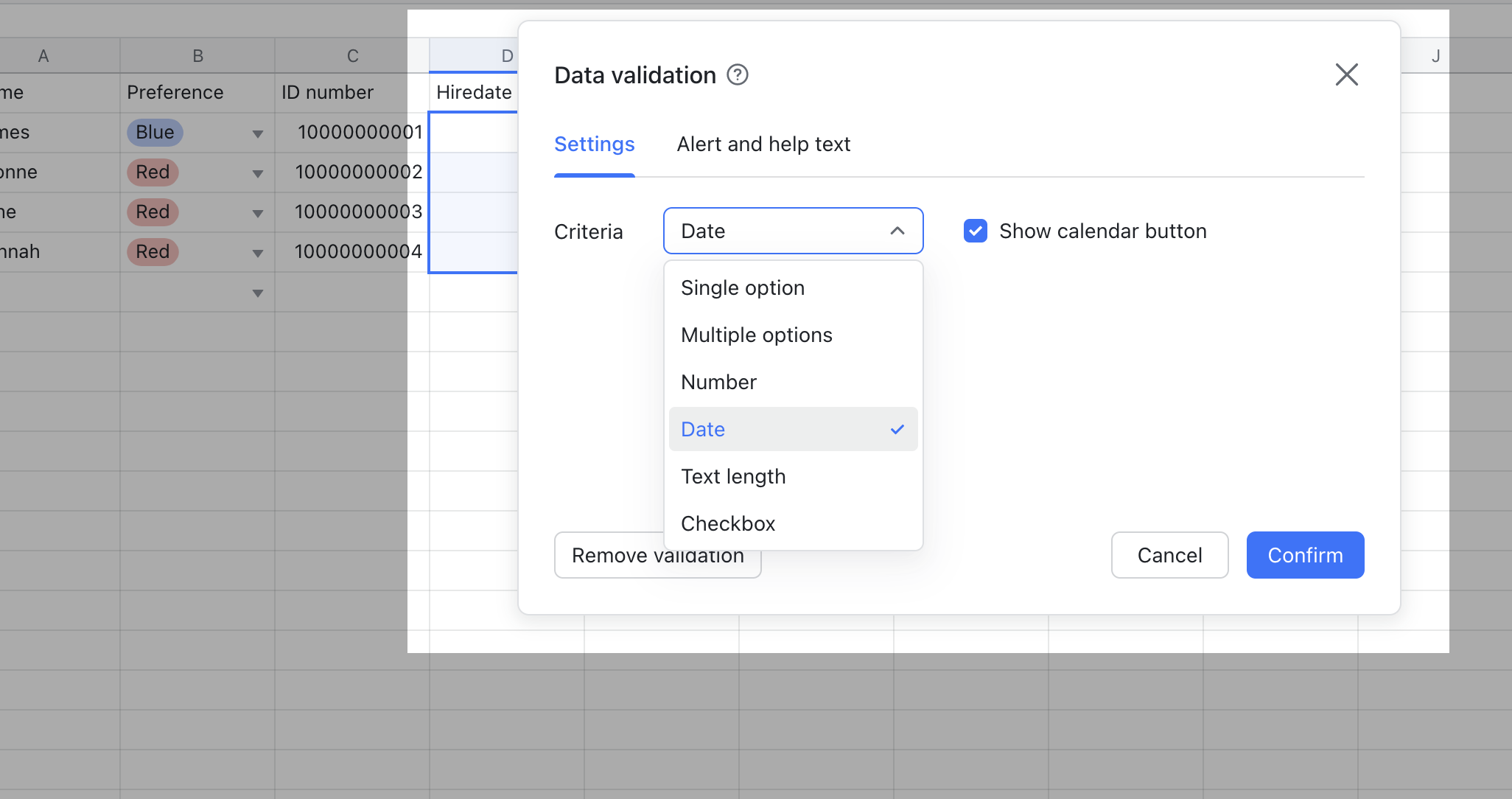 Use data validation in Sheets