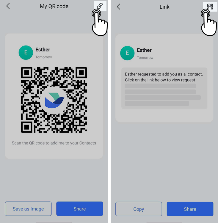 Share contact card, QR code, and link