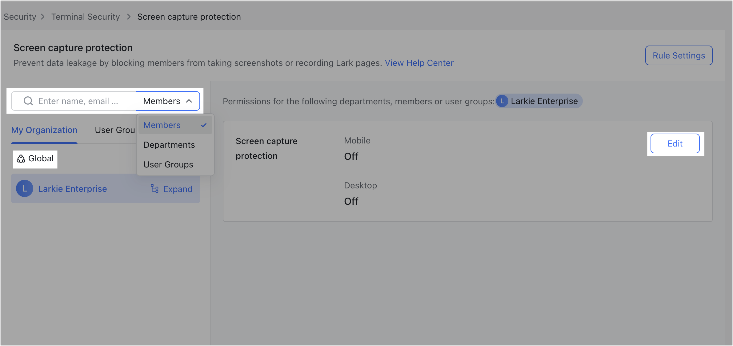 Admin | Turn on screen capture protection