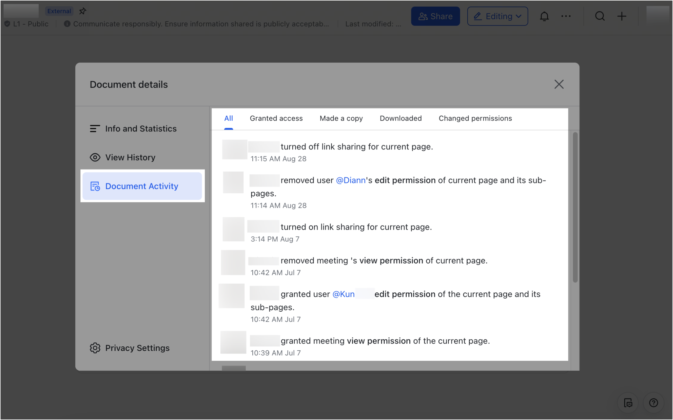 Check document information and configure privacy settings