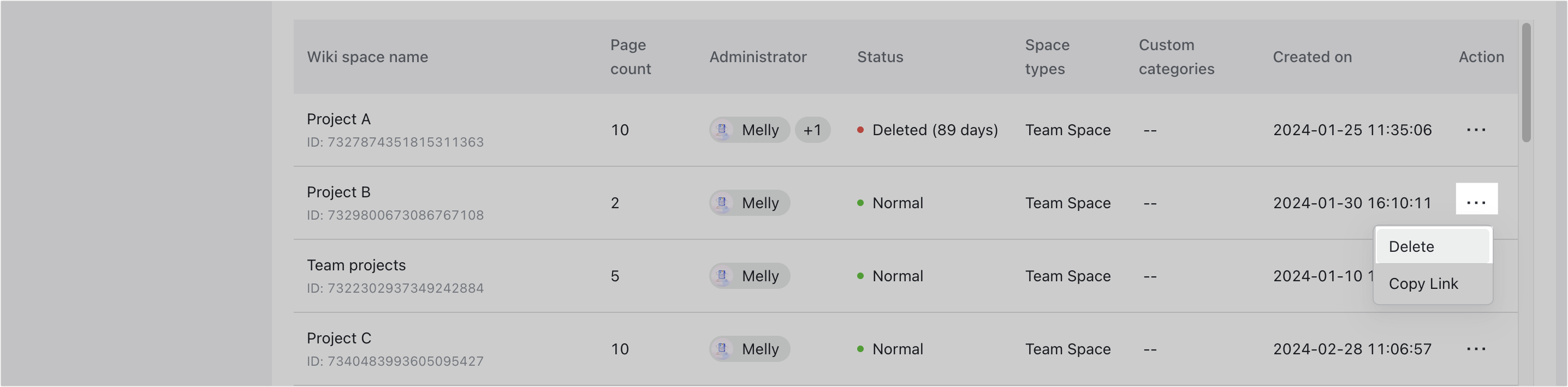 Admin | Manage wiki spaces