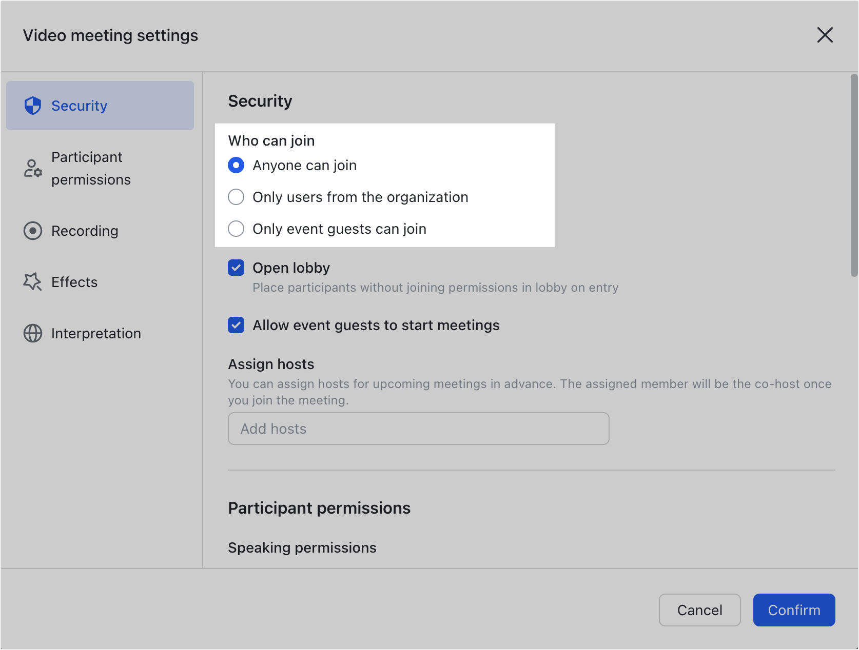 Manage a meeting's settings before it starts