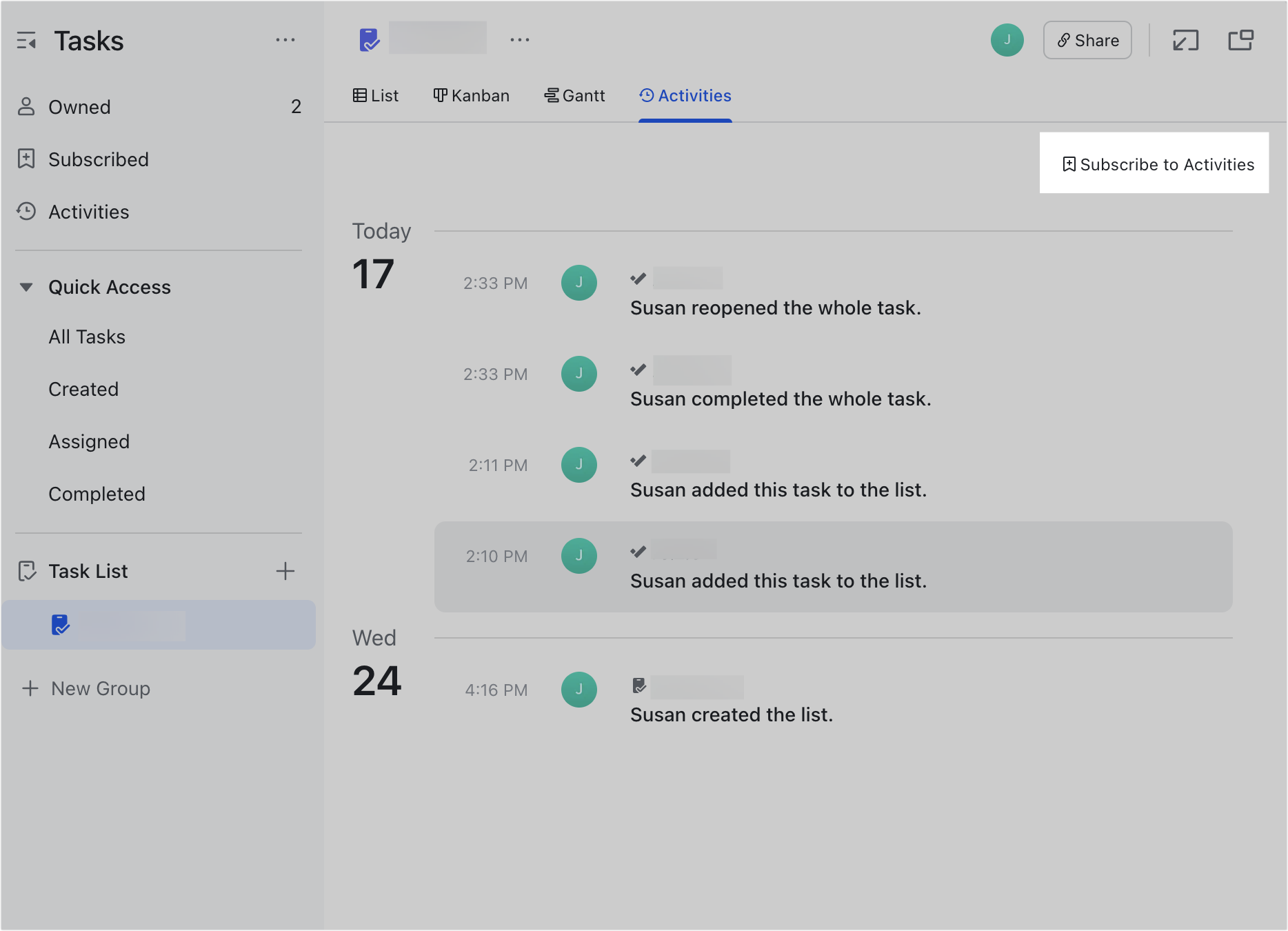 View task list activities and configure push notification rules