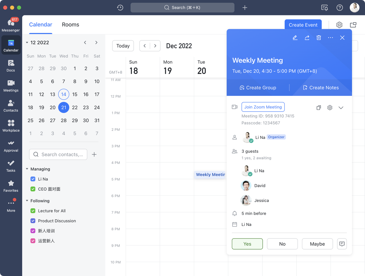 Create Zoom meetings from Lark Calendar