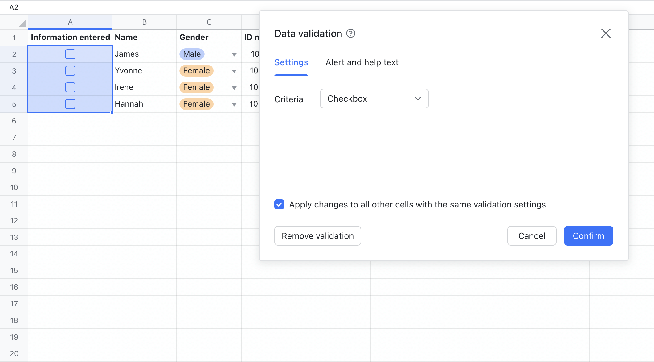 Use data validation in Sheets