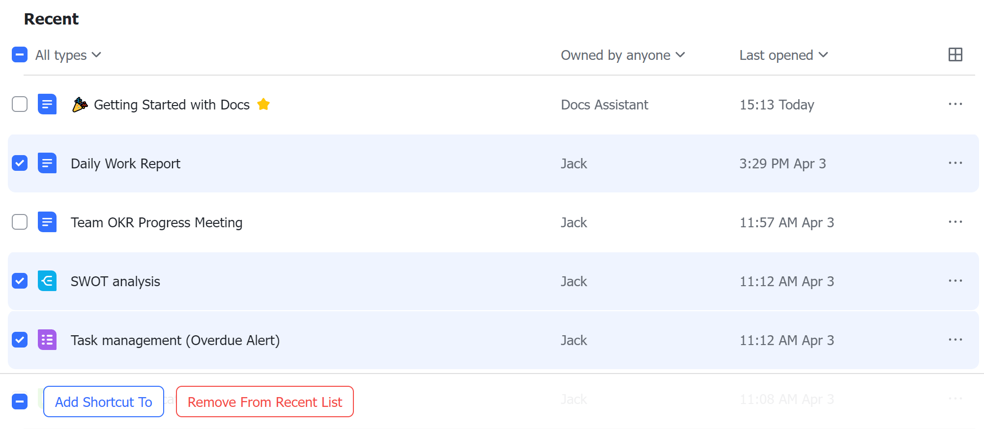 Add a document shortcut