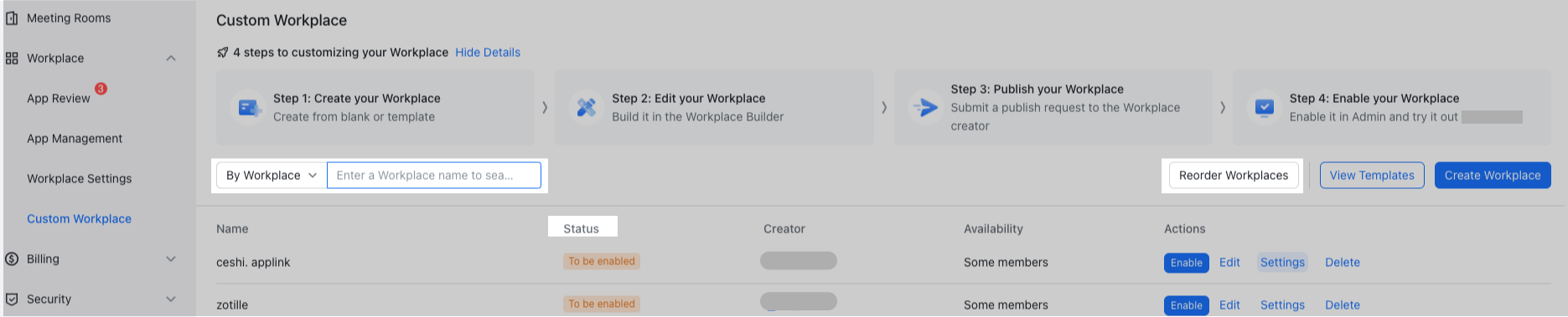 Set Custom Workplace management permissions