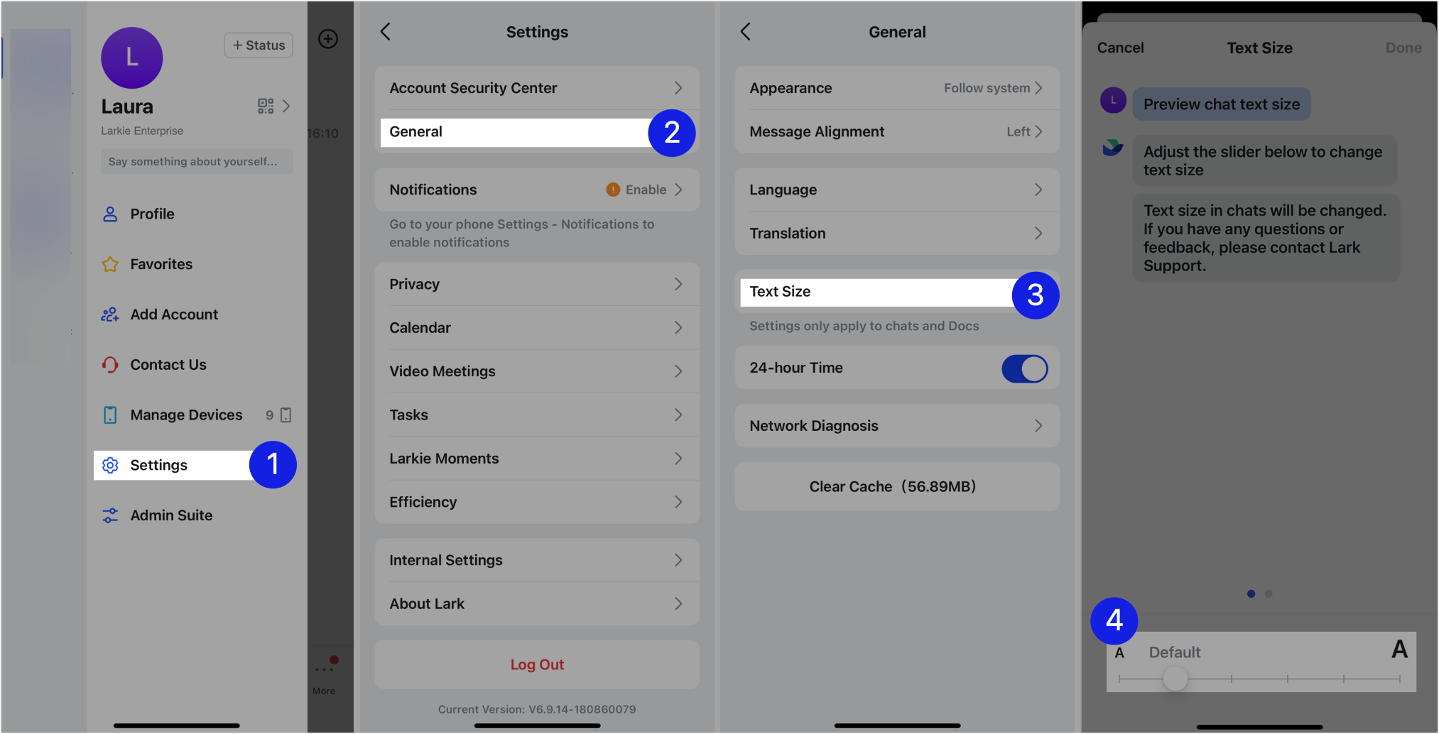 Adjust the text size in the Lark mobile app
