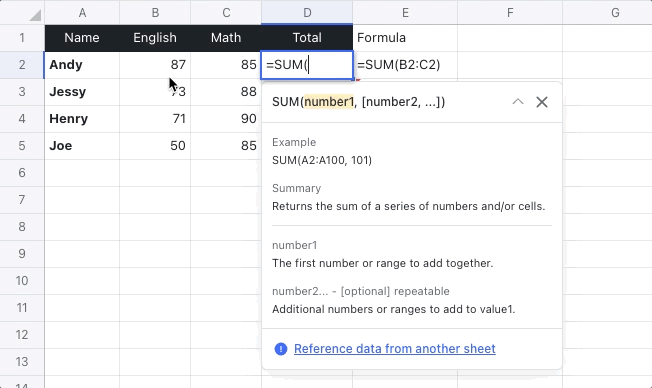 Use functions in Sheets