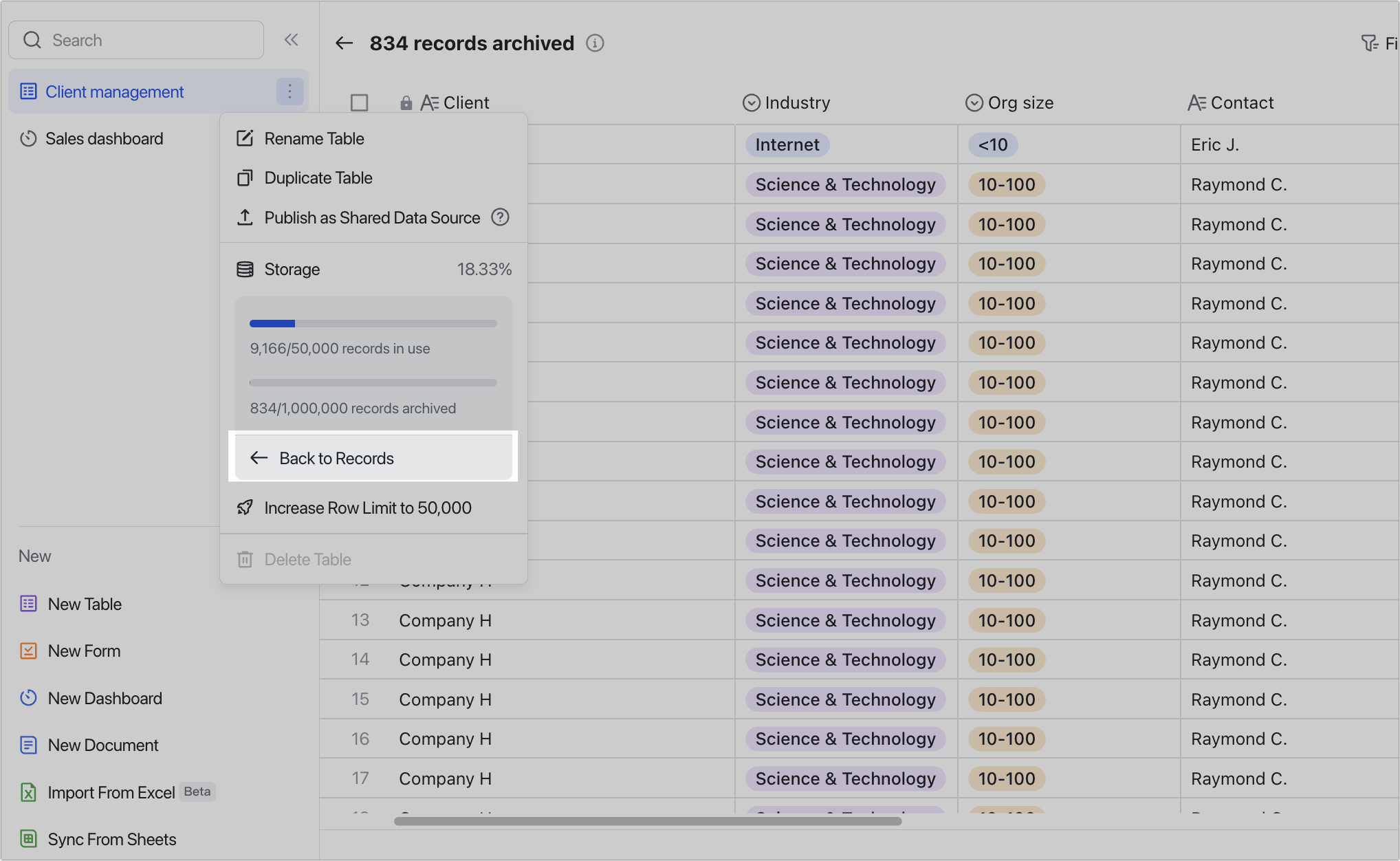 Archive records in Base (up to 1 million records)