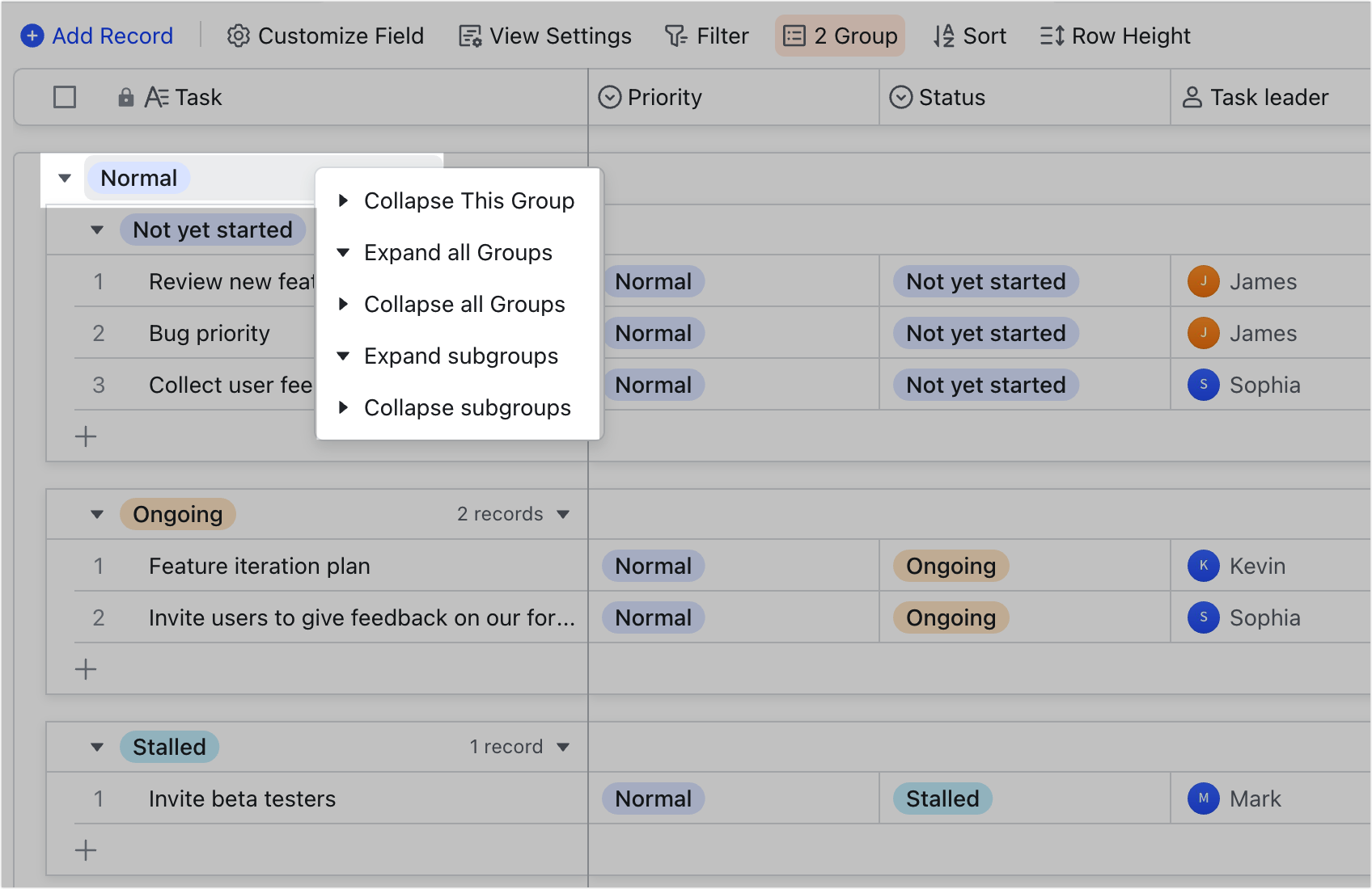 Use groups and filters in Base