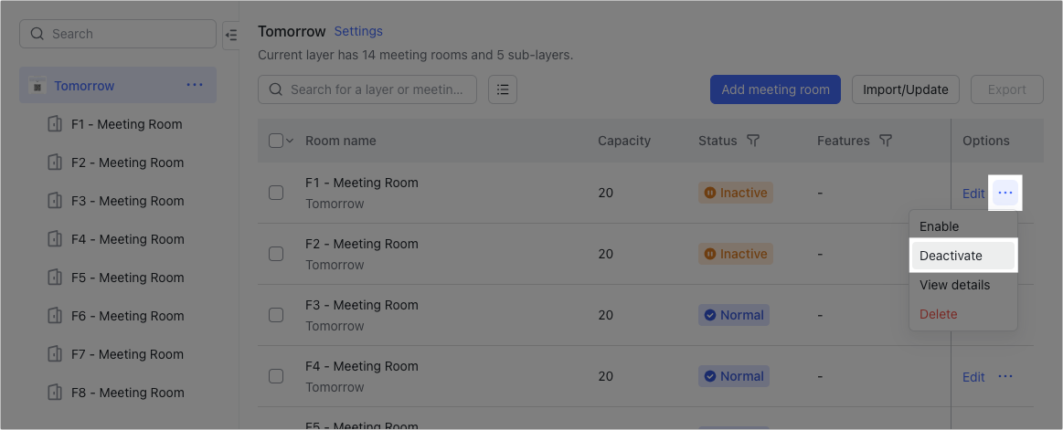 Admin | Deactivate meeting rooms