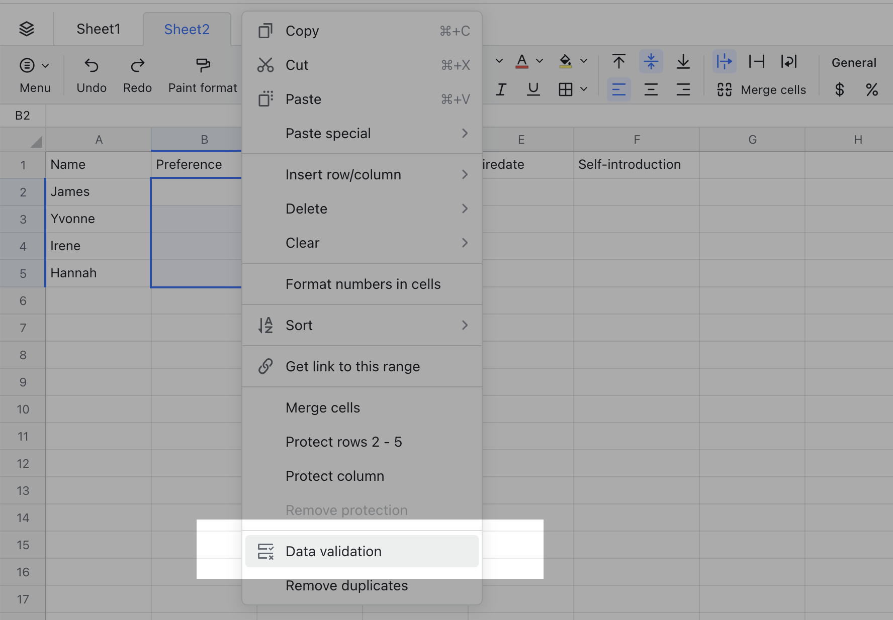 Use Data Validation In Sheets