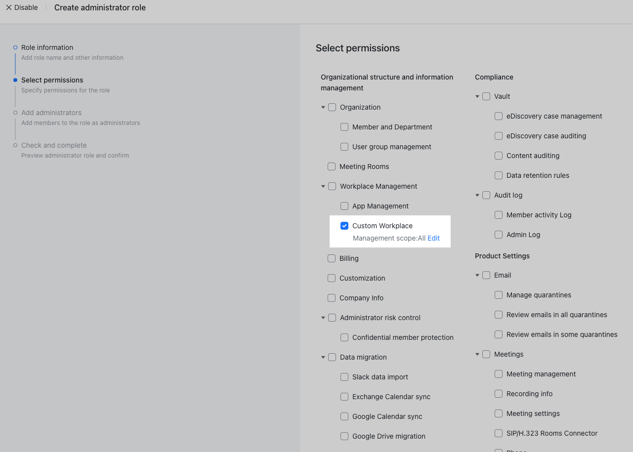 Set Custom Workplace management permissions
