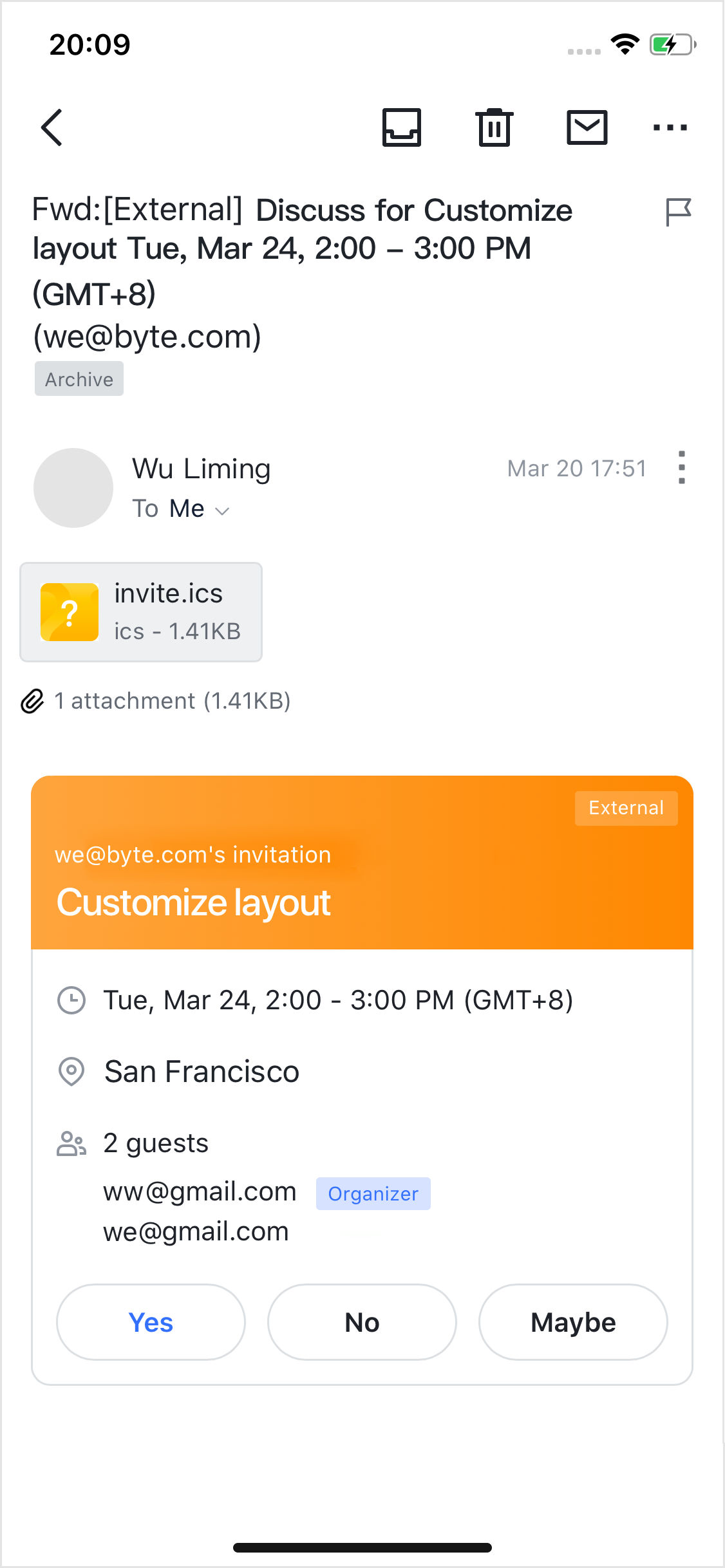 Manage event invitations from external calendars