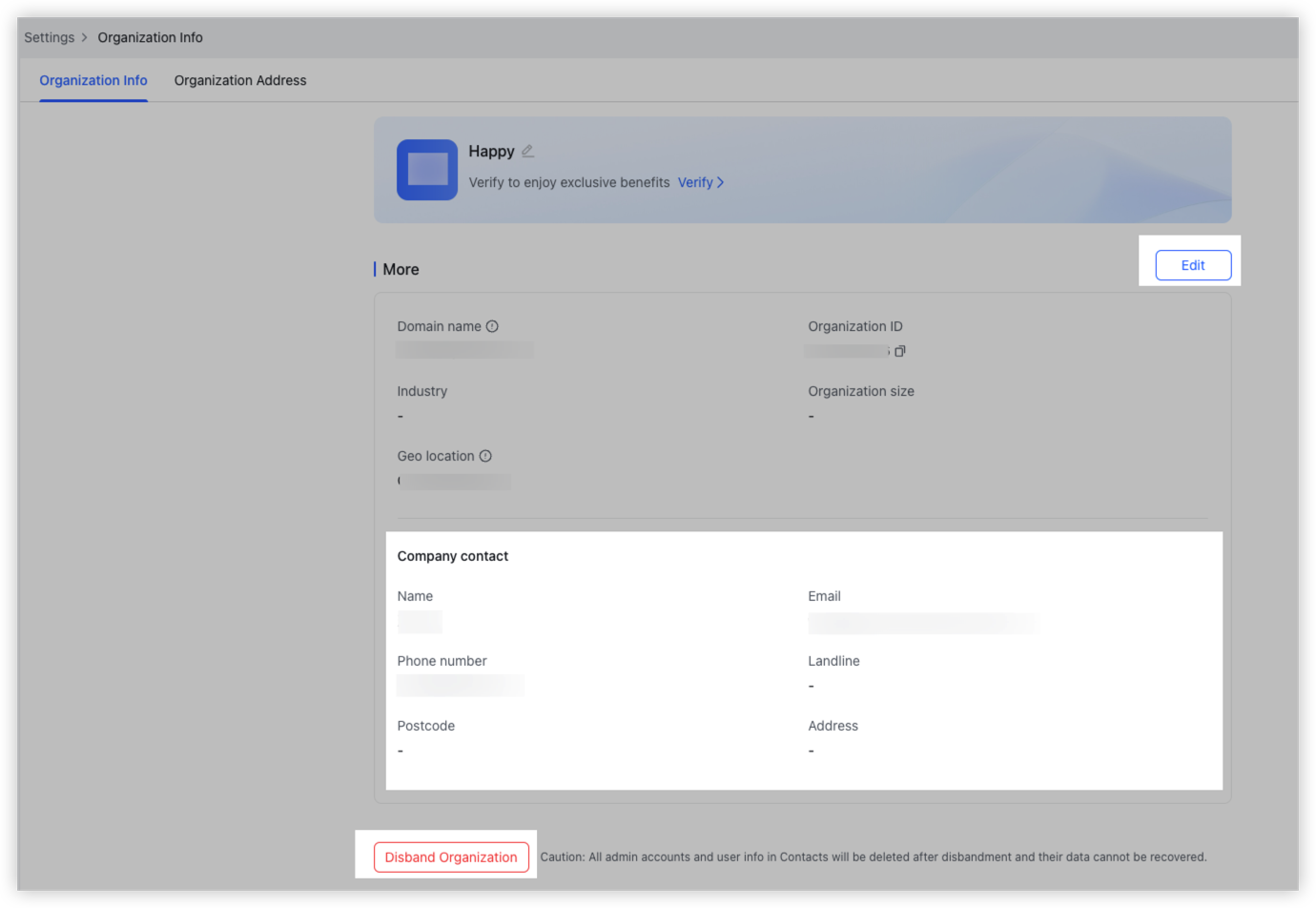 Admin | Edit organization info