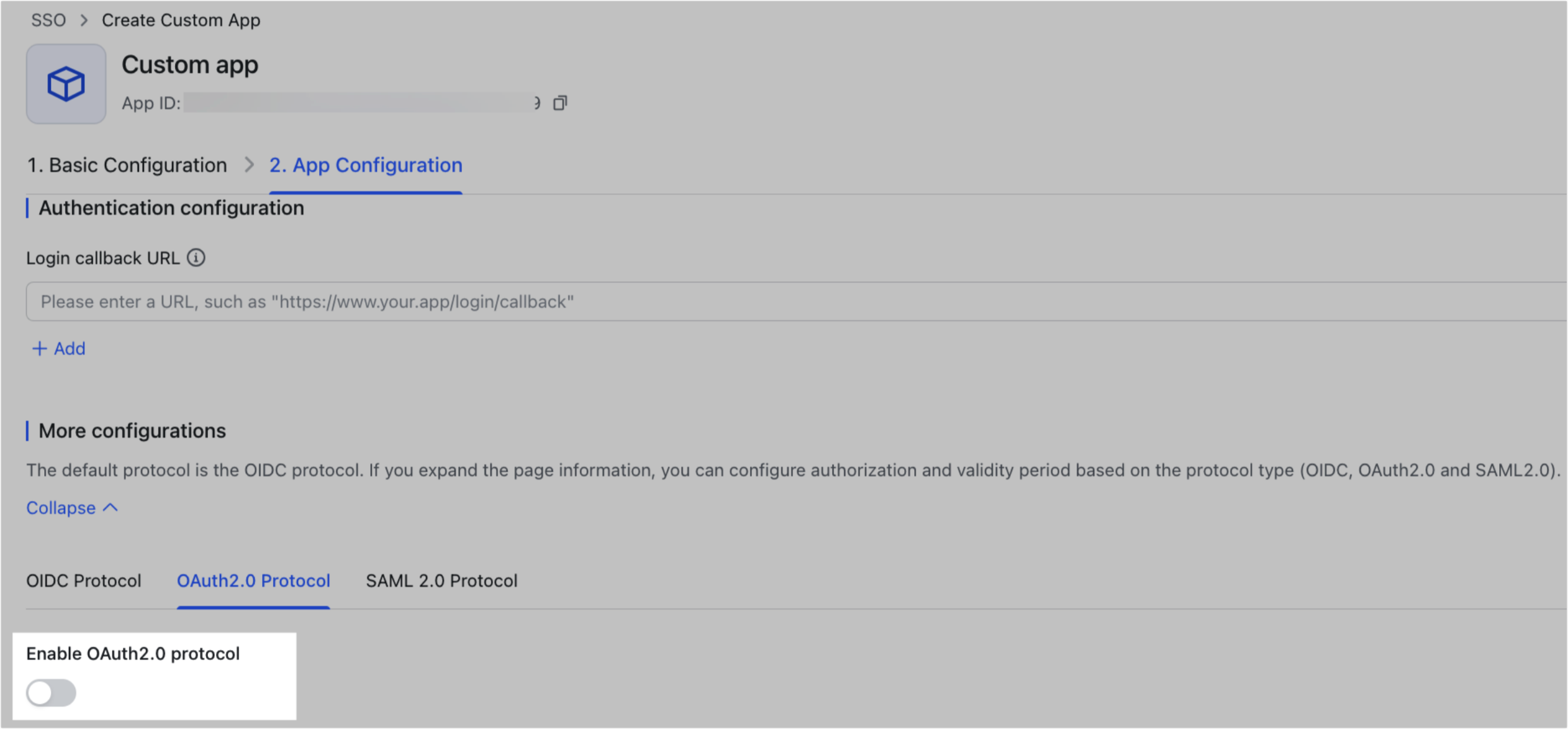 Configure SSO for an organization's custom apps (OAuth 2.0 protocol)