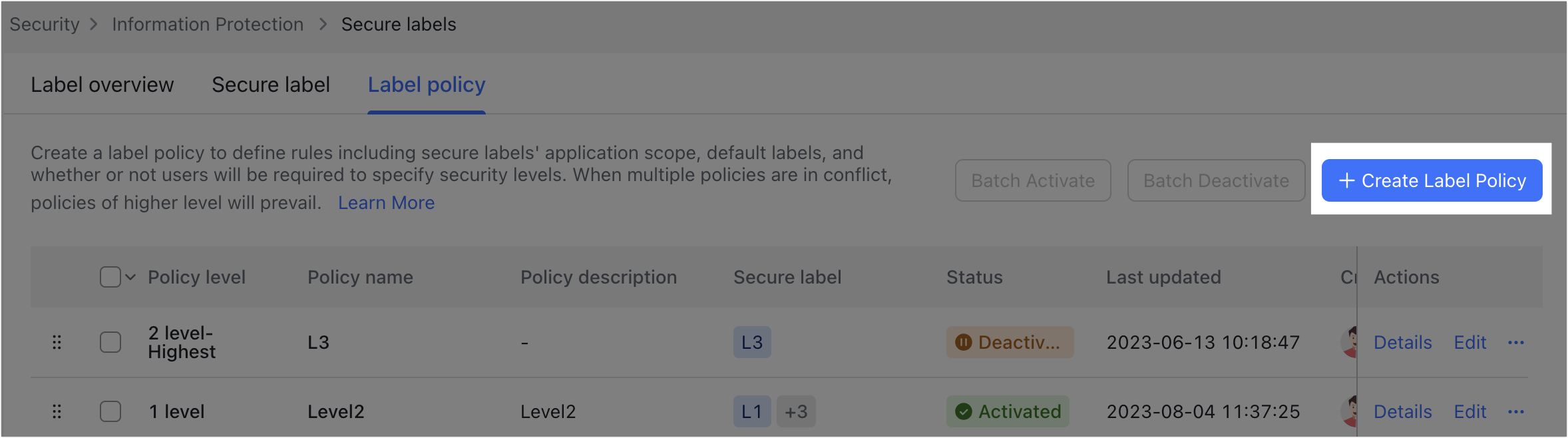 Admin | Create secure labels and label policies