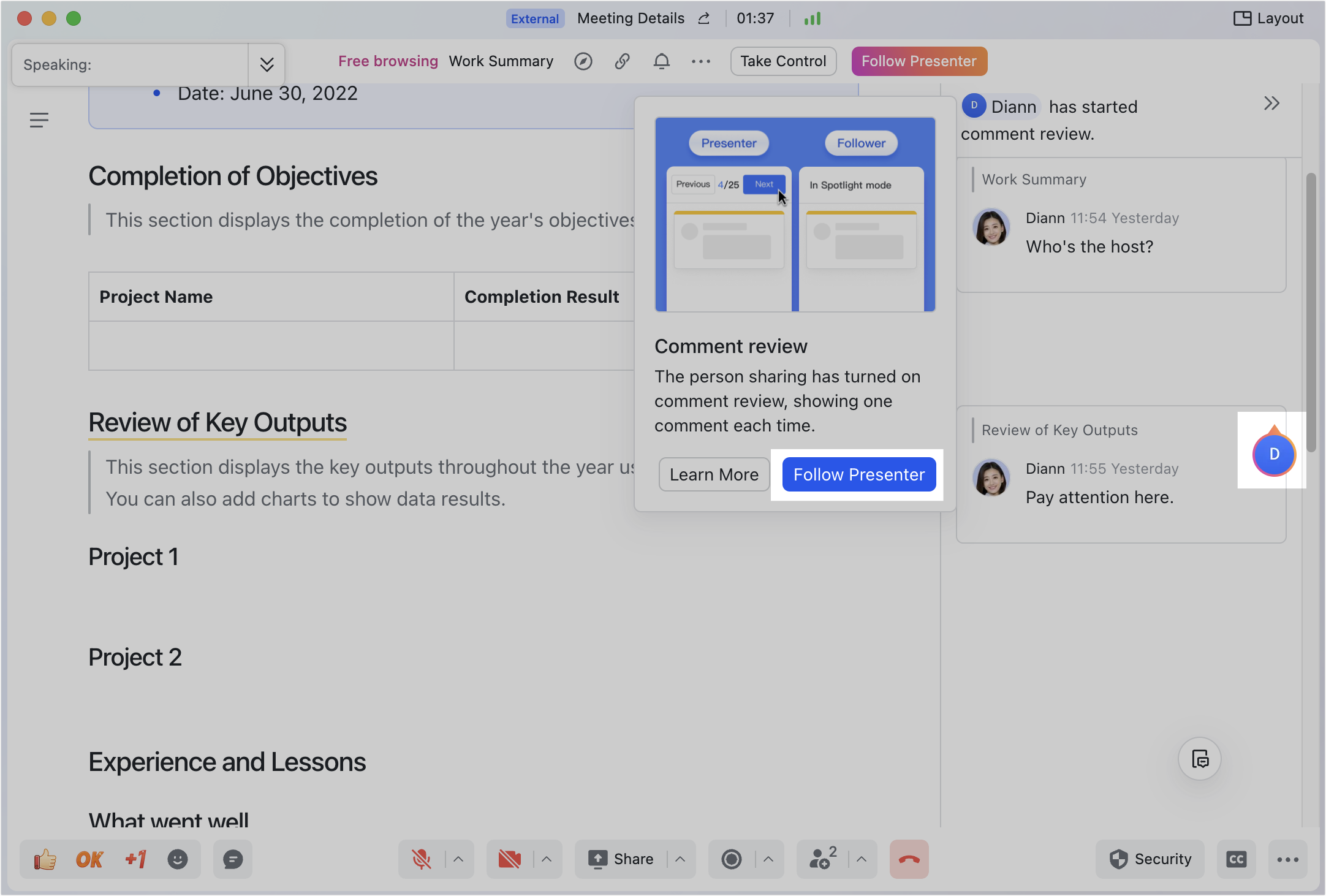 Use comment review mode in Lark Meetings