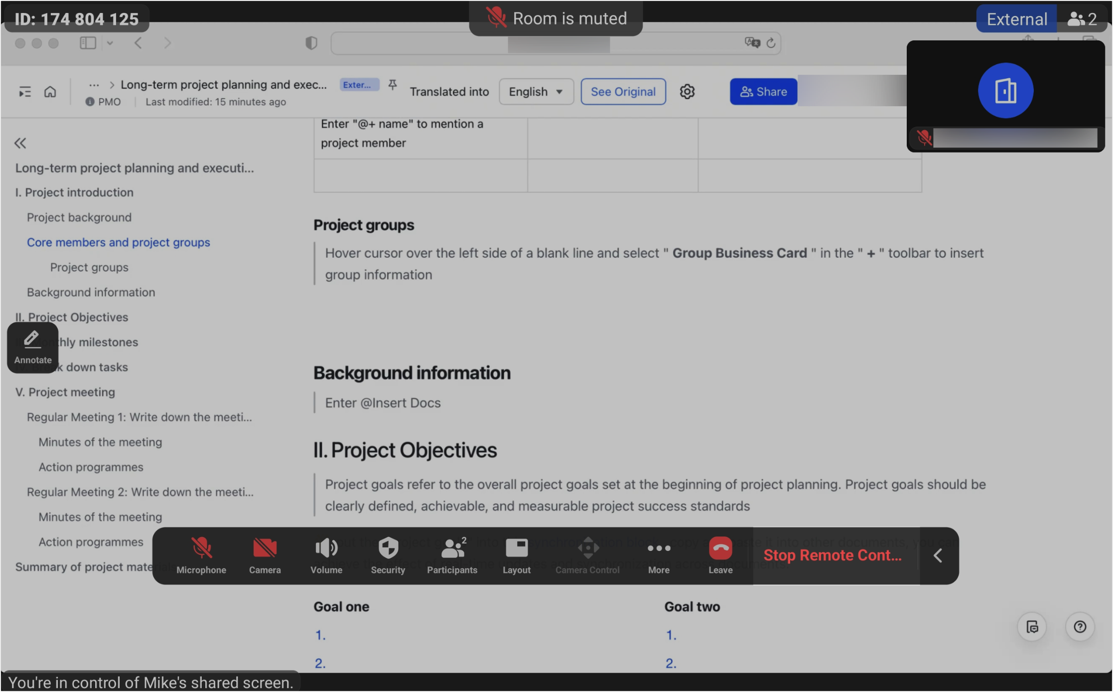 Remotely control shared content on Lark Rooms touchscreen
