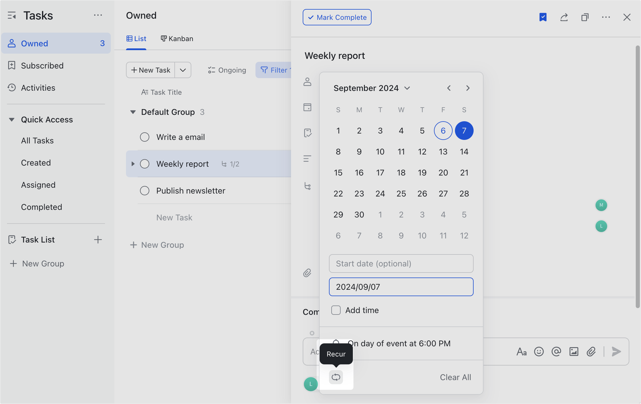 Create and manage recurring tasks