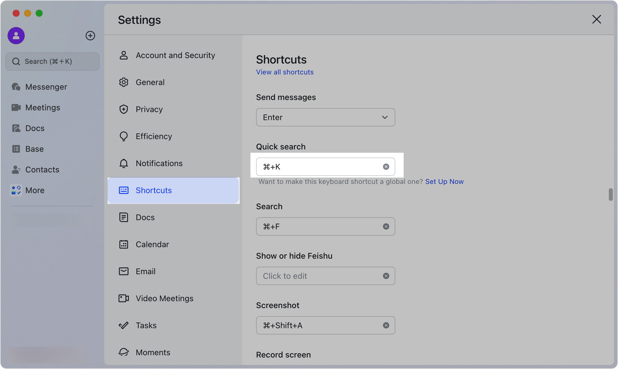 Modify Shortcuts In Lark 