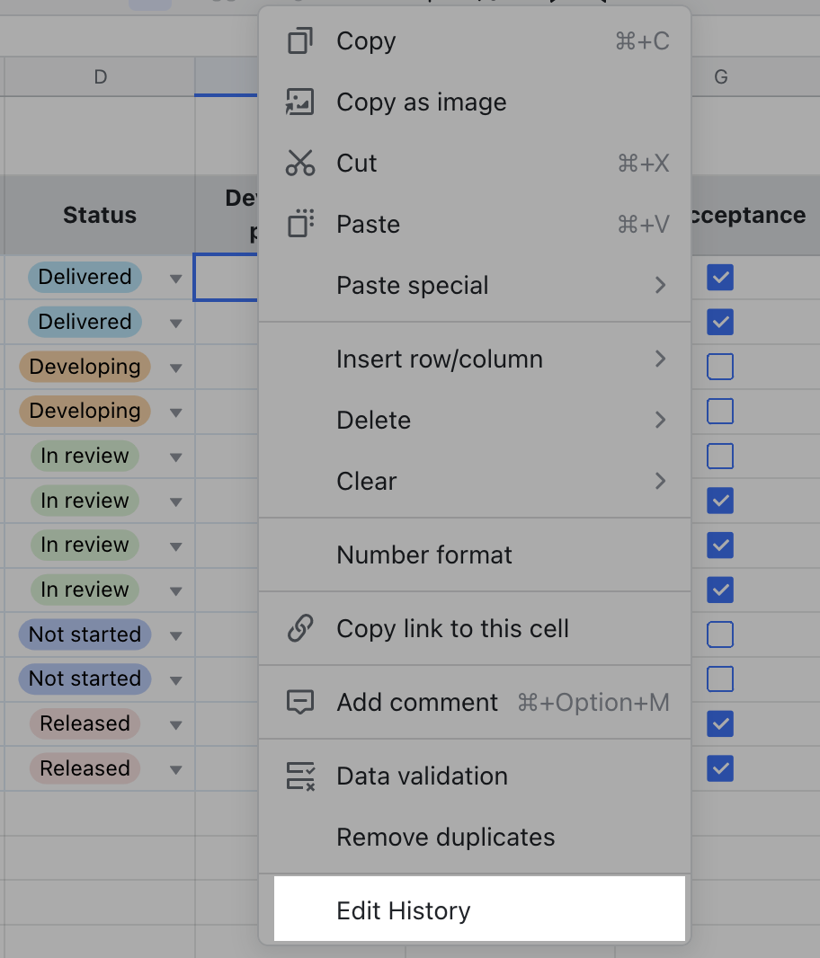 Check cell edit history in Sheets