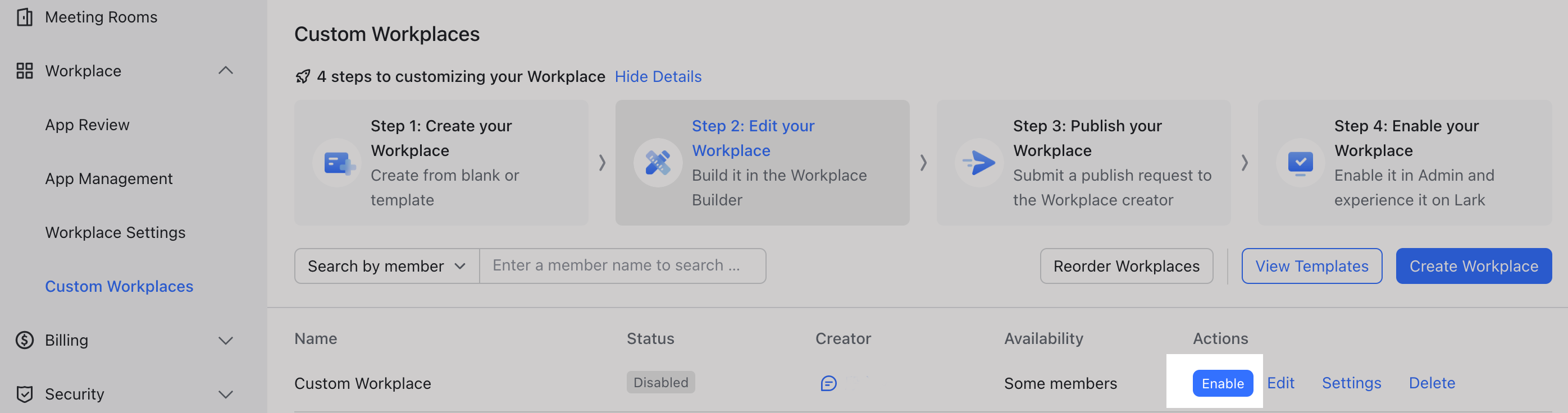 Publish and enable a Custom Workplace