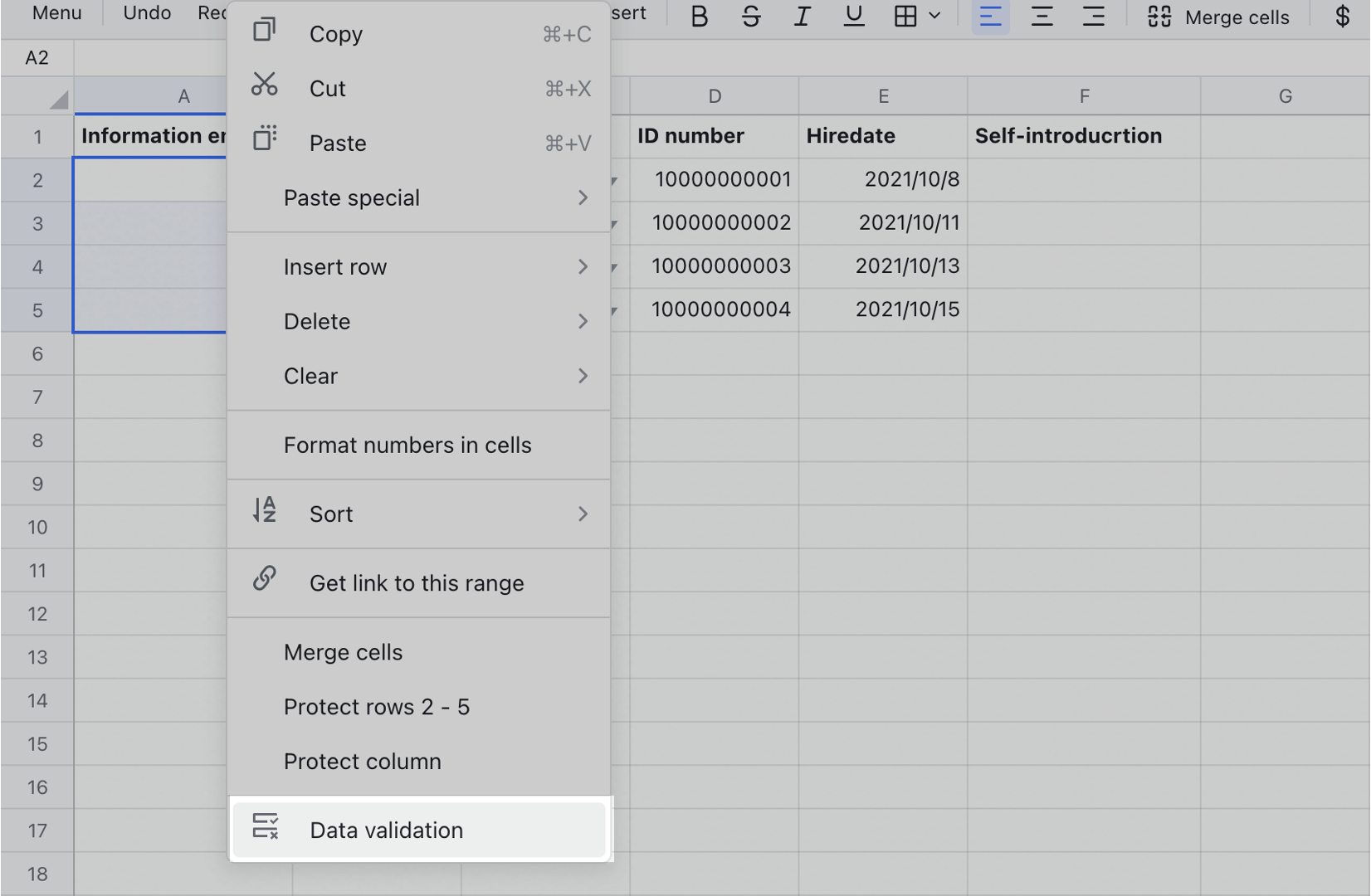 Use data validation in Sheets