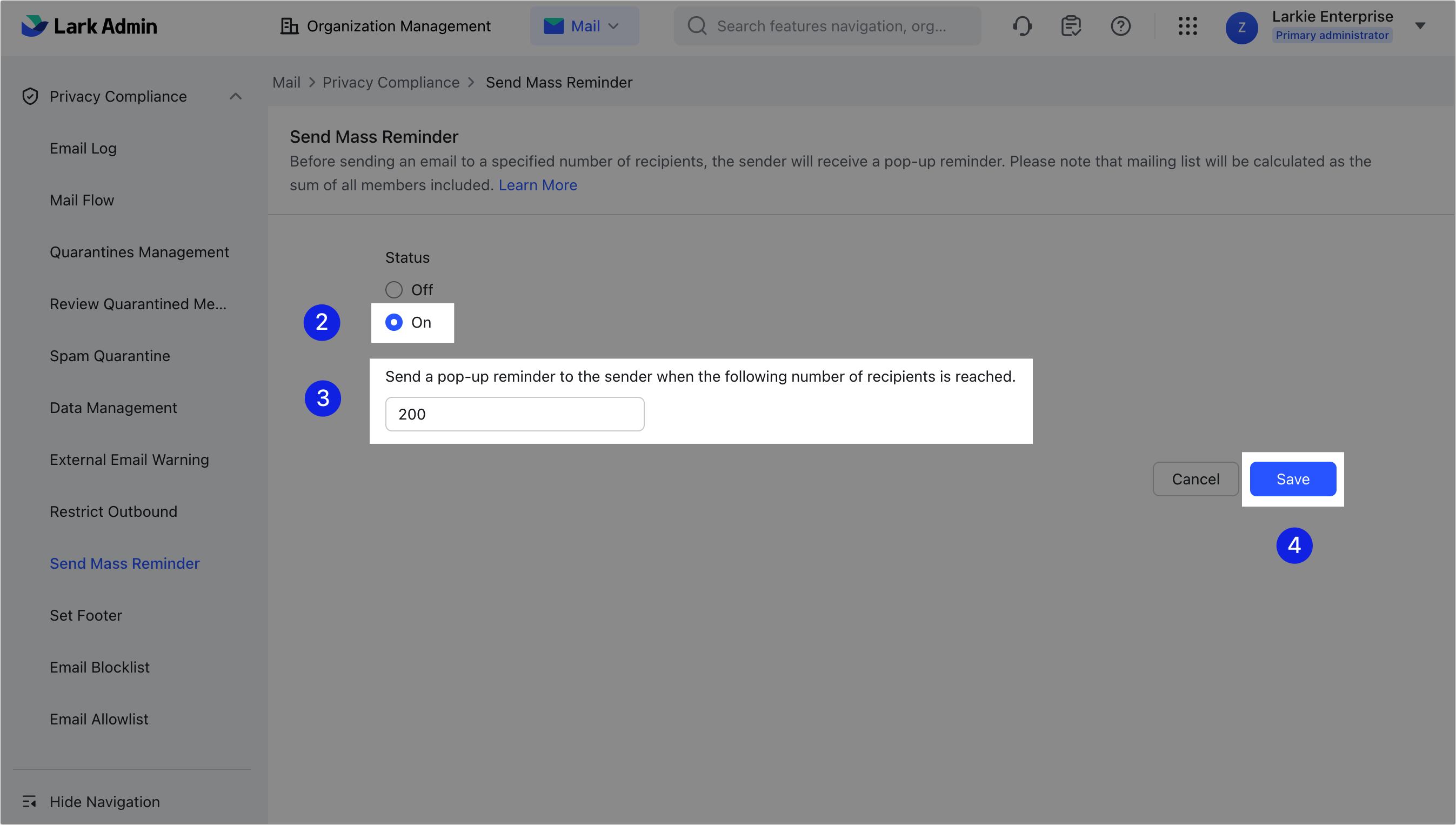 Admin | Set a reminder for large recipient lists