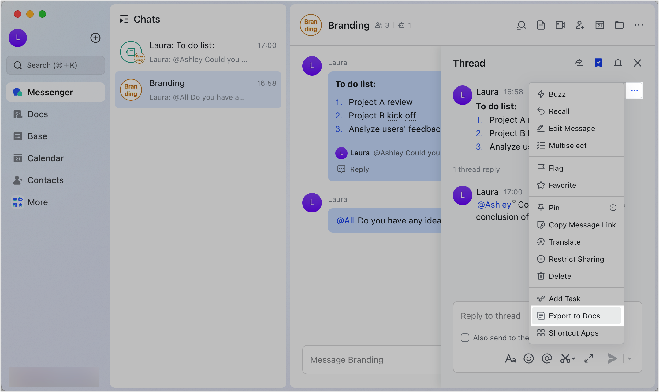 Export messages to a document