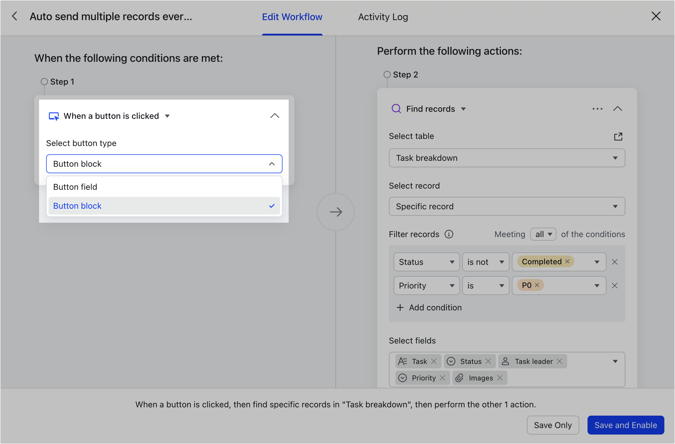 Use button blocks in Base dashboards