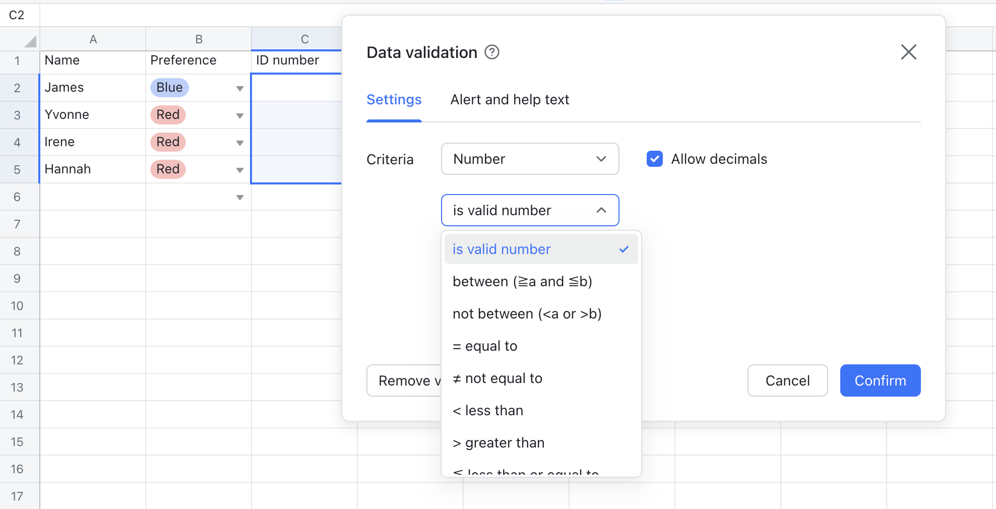 Use data validation in Sheets