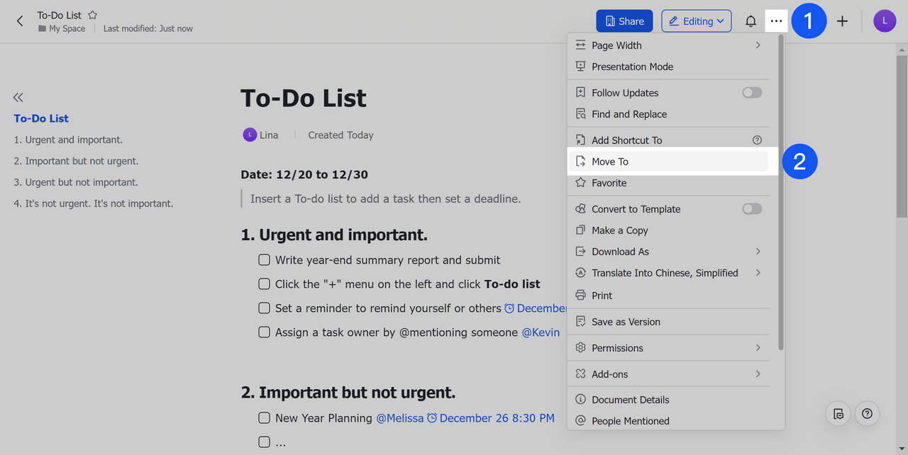 Move documents or folders