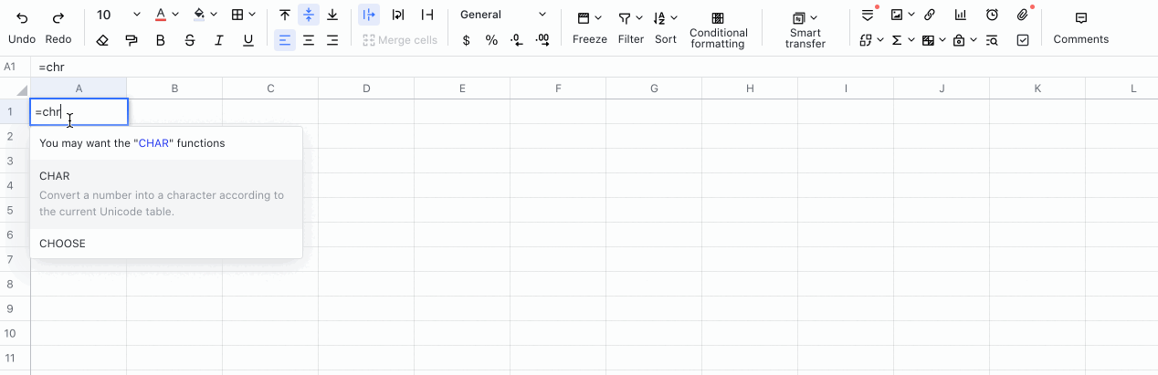 CHAR function for Sheets