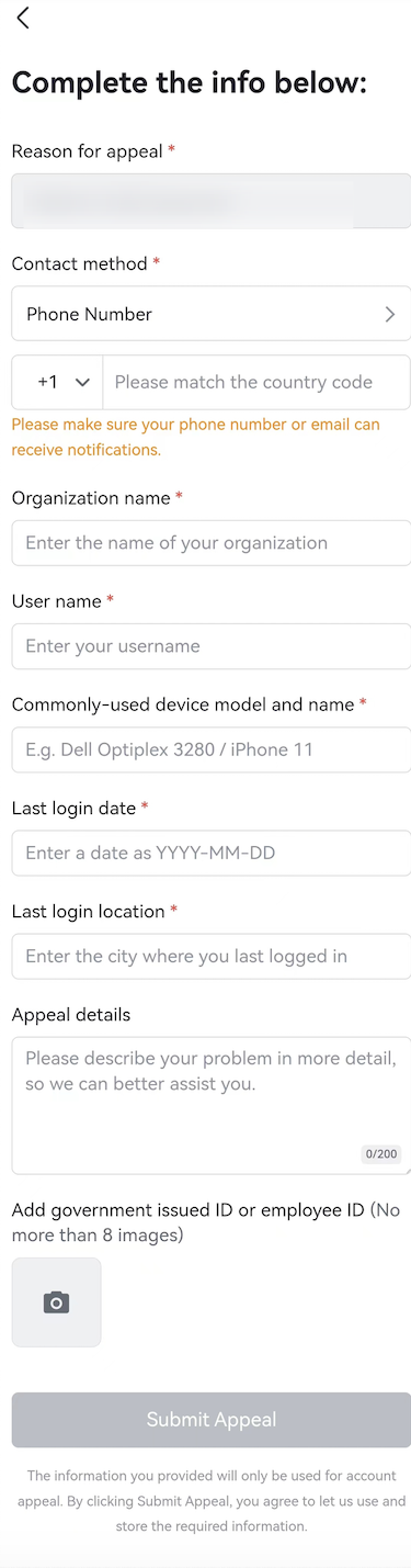 Submit an account appeal